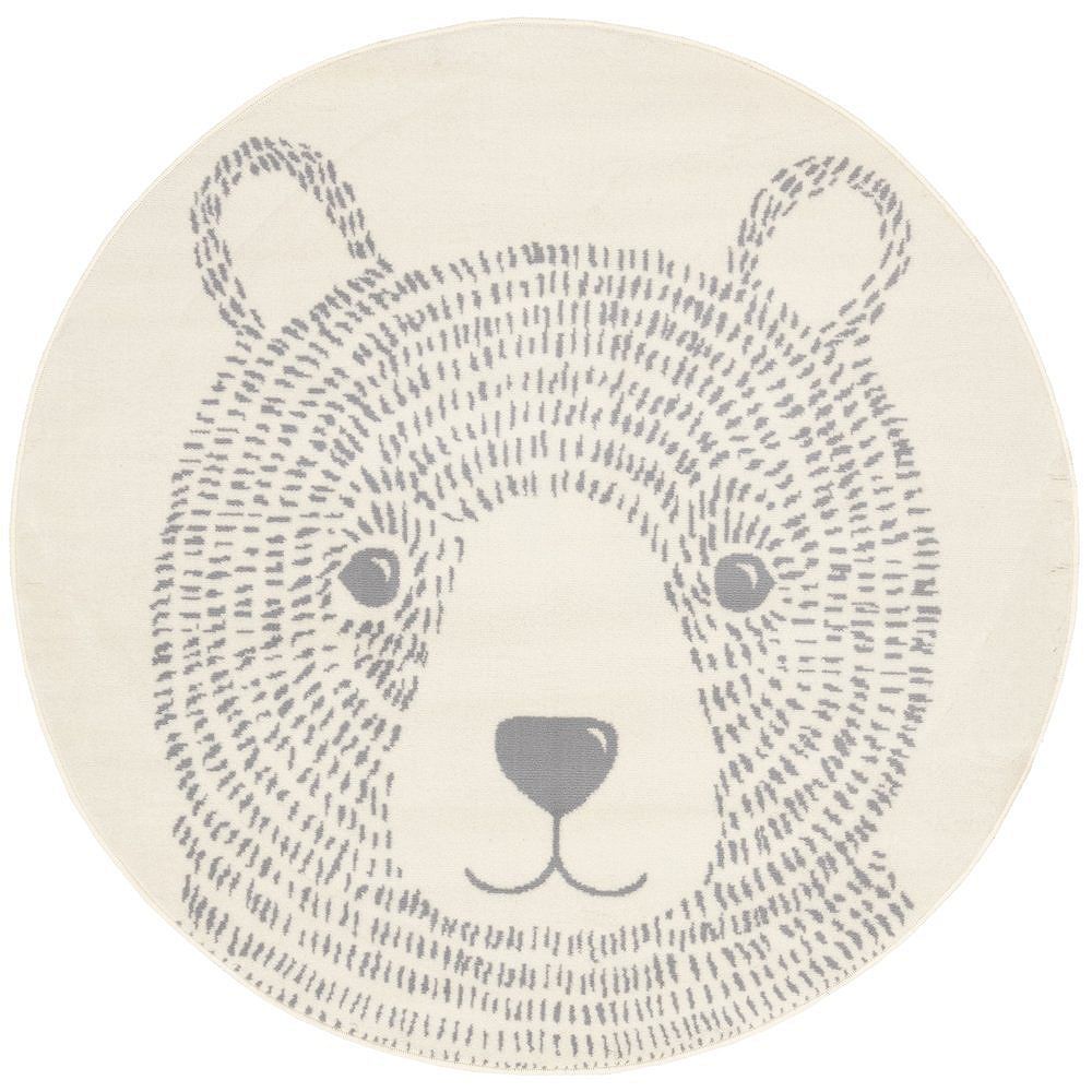Functional Kids Grey White Teddy Bear Rug, 5'3" x 5'3" Round