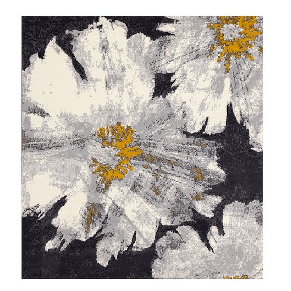 Functional Style Grey White Yellow Flower Area Rug, 4'7" x 6'7"