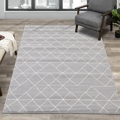 Functional Style Grey White Geometric Rug, 4'7" x 6'7"