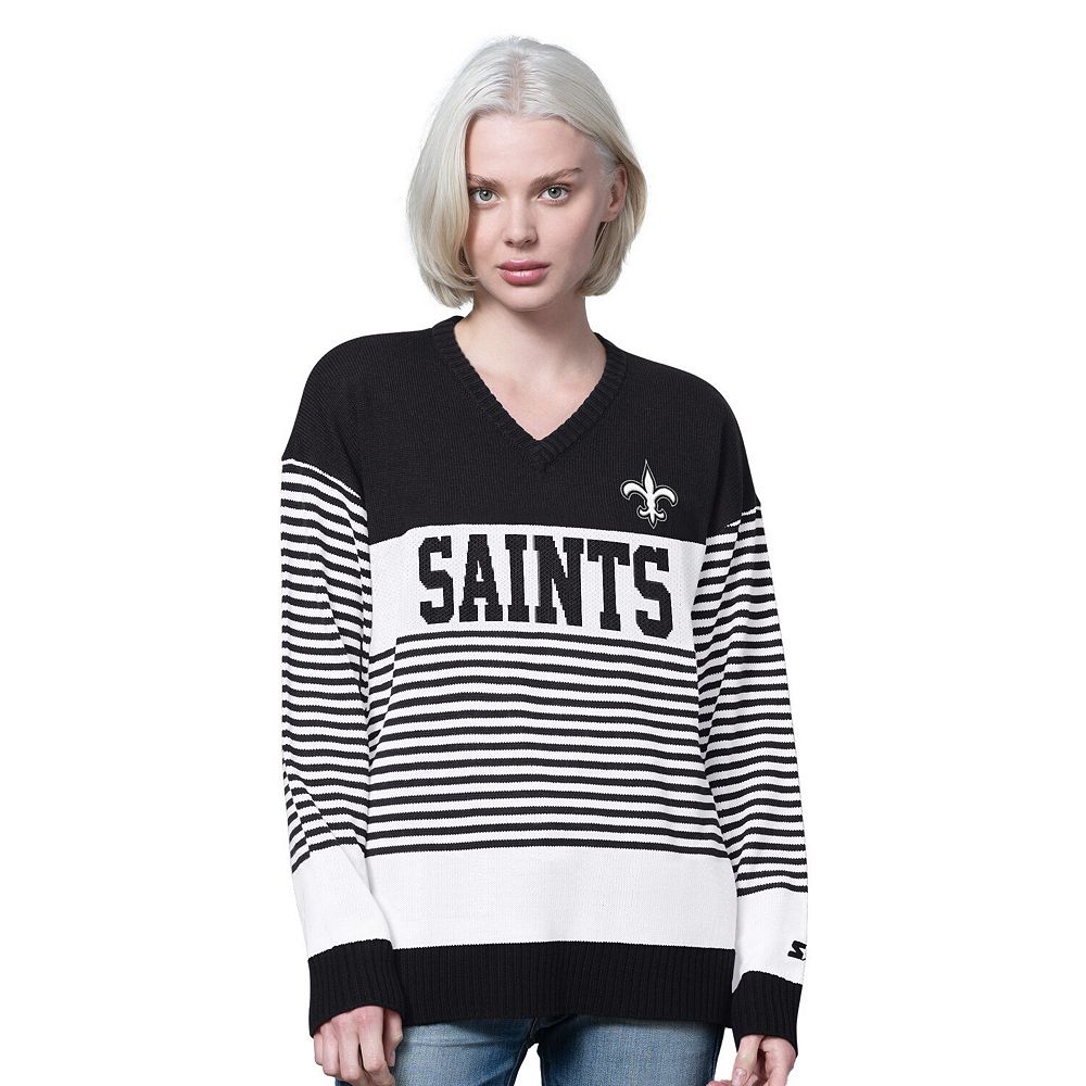Women's Starter Black New Orleans Saints No Huddle Striped Sweater