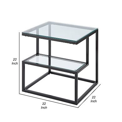 Elena End Table with 2-Tier Design, Glass Top and Shelf, Black Metal