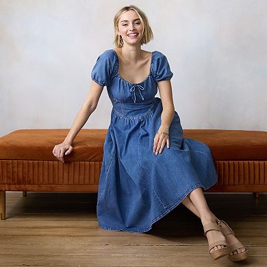Women's LC Lauren Conrad Denim V-Yoke Puff Sleeve Corset Midi Dress