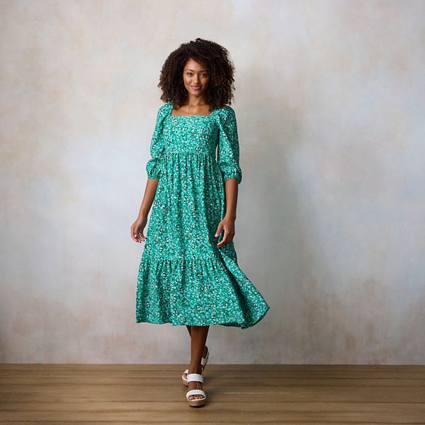 Petite LC Lauren Conrad Square Neck Puff 3/4 Sleeve Midi Dress