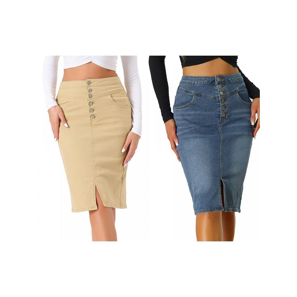2 Packs Women's Casual Jean Skirt High Waist Front Slit Stretch A-Line ...