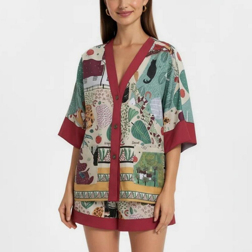 Women's Animal Print Pajama Set with Short Sleeves Button-Up Top and ...