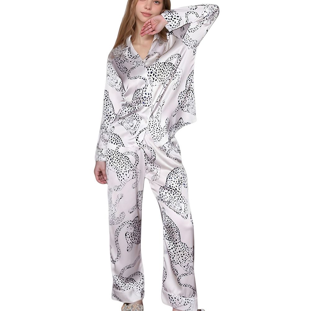 Women's Cheetah Print Woven Pajama Set with Long Sleeve Button Down Top ...