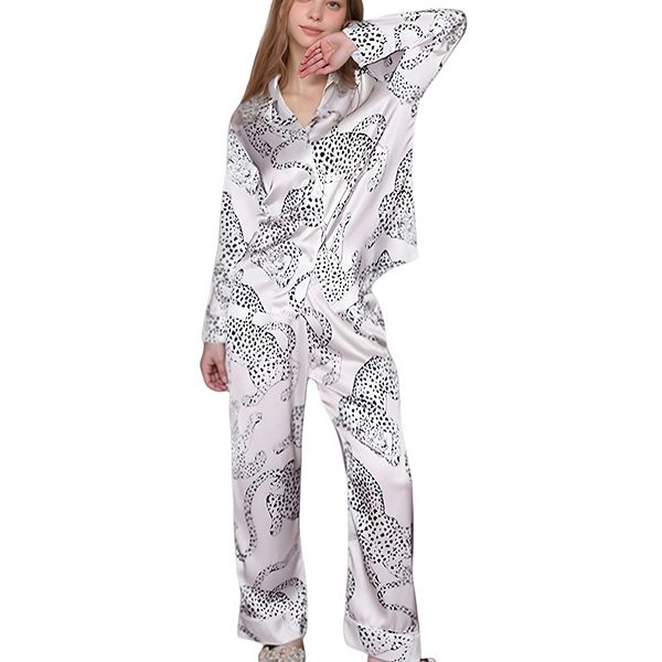Women's Cheetah Print Woven Pajama Set with Long Sleeve Button Down Top ...