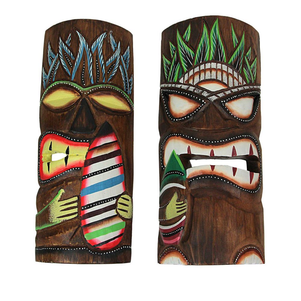 12 Inch Hand Carved Wooden Surfer Tiki Masks Wall Hanging Beach Home ...