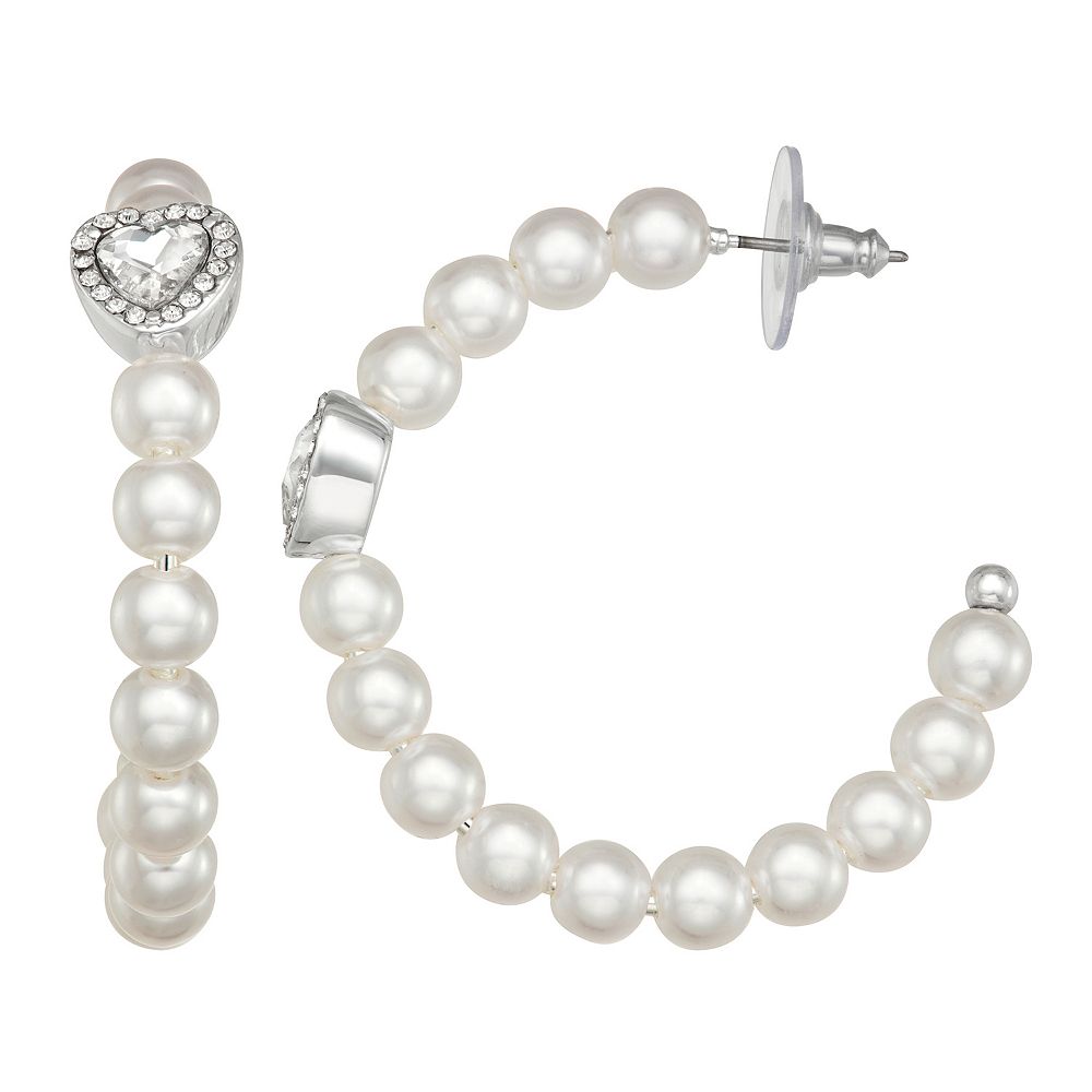 You're Invited Silver Tone Heart Gemstone Simulated Pearl C Hoop Earrings