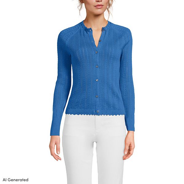 Women's Lands' End Cotton Pointelle Satin Trim Cardigan Sweater