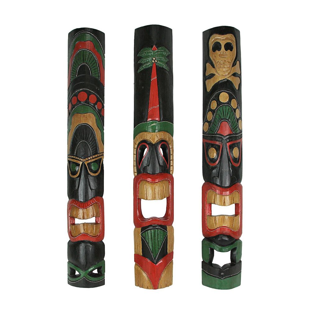 Set Of 3 Hand Carved 39 Inch Tall Island Style Polynesian Tiki Masks