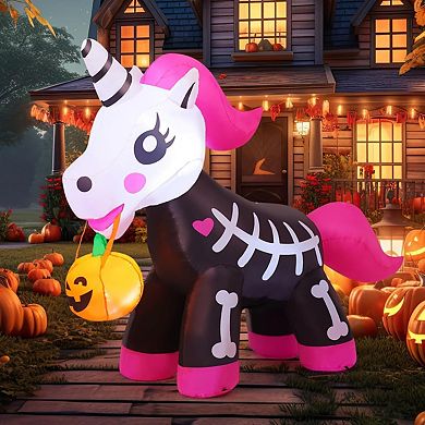 GOOSH 5 FT Halloween Inflatables Skeleton Unicorn Blow Up Yard Pink ...