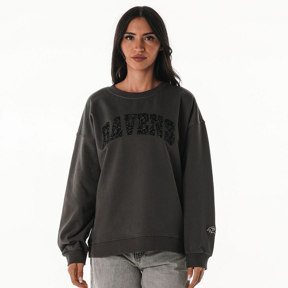 Women's The Wild Collective Charcoal Baltimore Ravens Rock Crystal Oversized Crewneck Sweatshirt