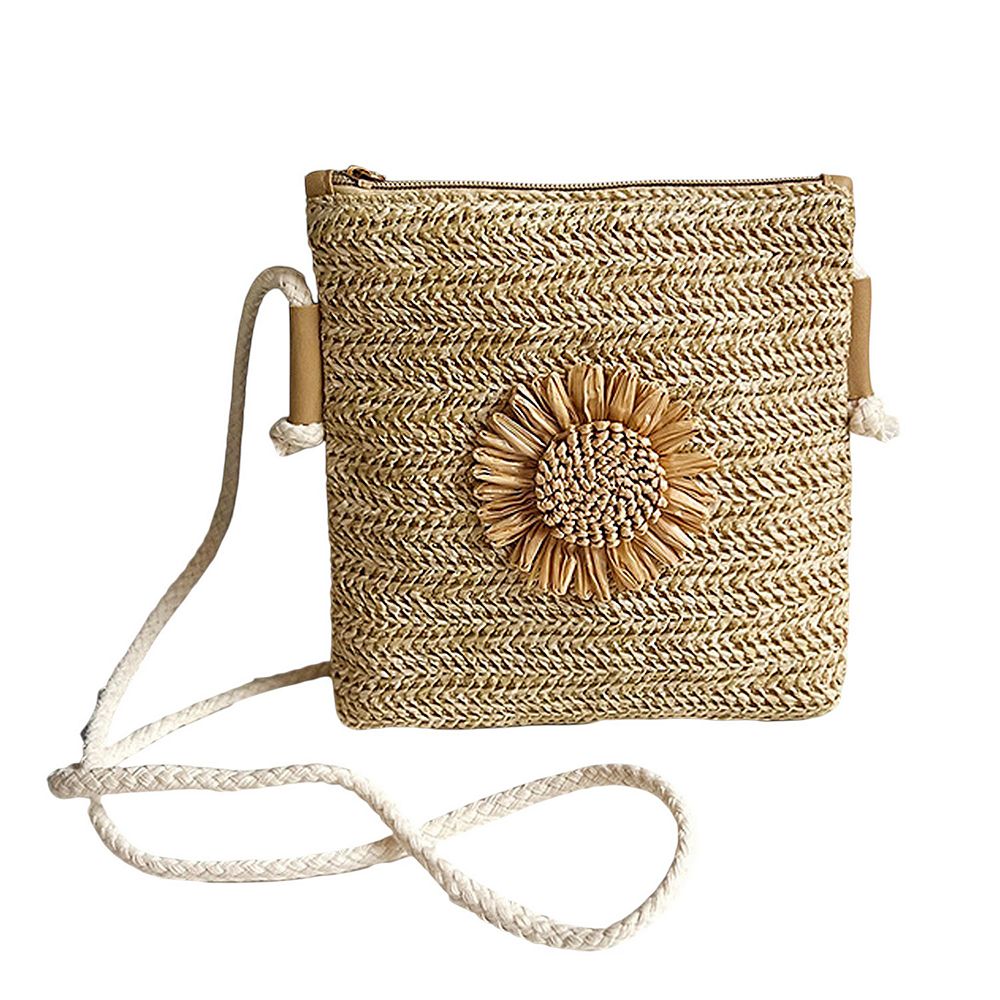 Women’s Straw Woven Crossbody Bag with Sunflower Accent