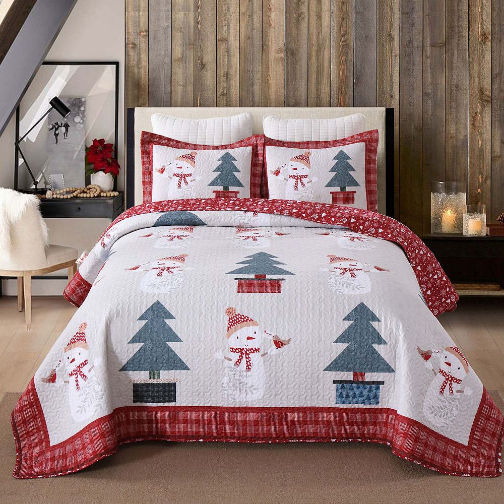 Marcielo 3 Pcs Snowman & Tree Christmas Quilt Reversible Holiday ...