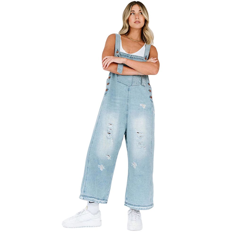 Women's Casual Loose Denim Overalls Adjustable Strap Wide Leg Bib Jean ...