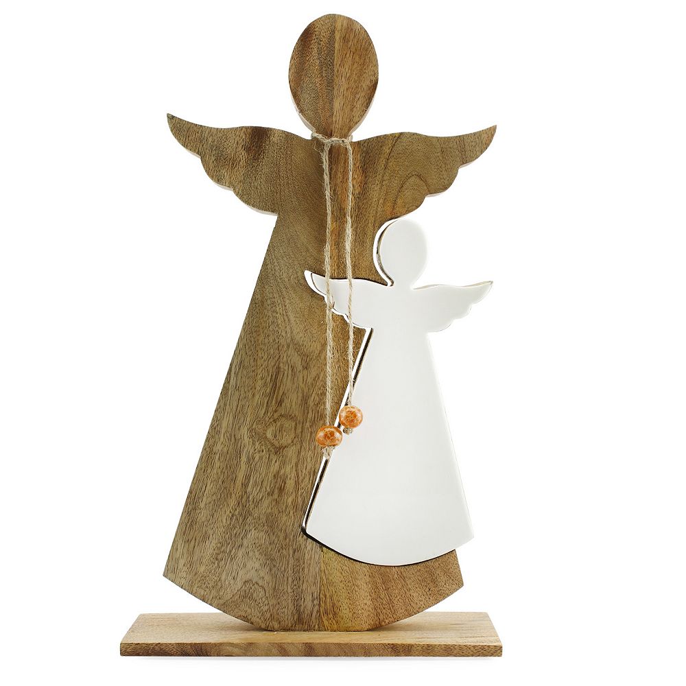 Mango Wood and Enamel Angel Statue; Rustic Layered Holiday Figurine