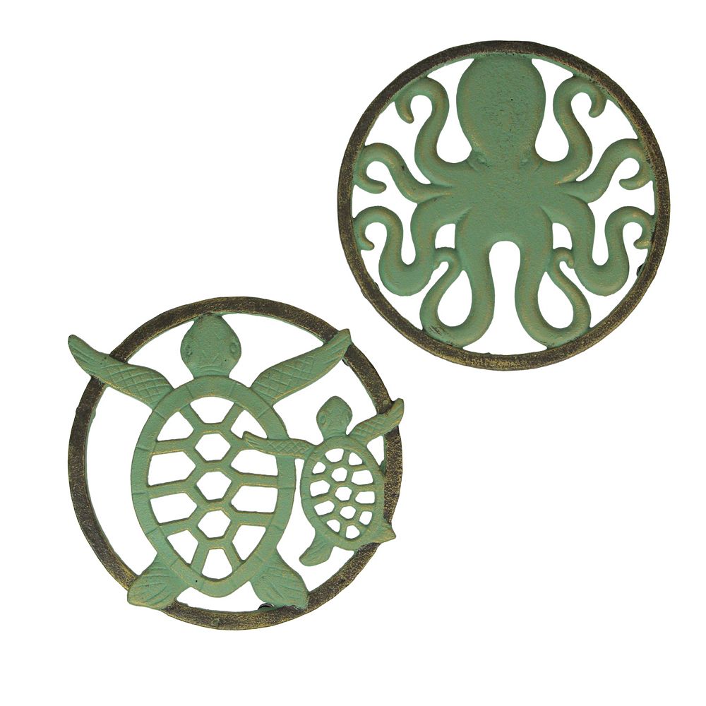 Cast Iron Trivet Set: Nautical Octopus & Sea Turtle Design, Verdigris ...