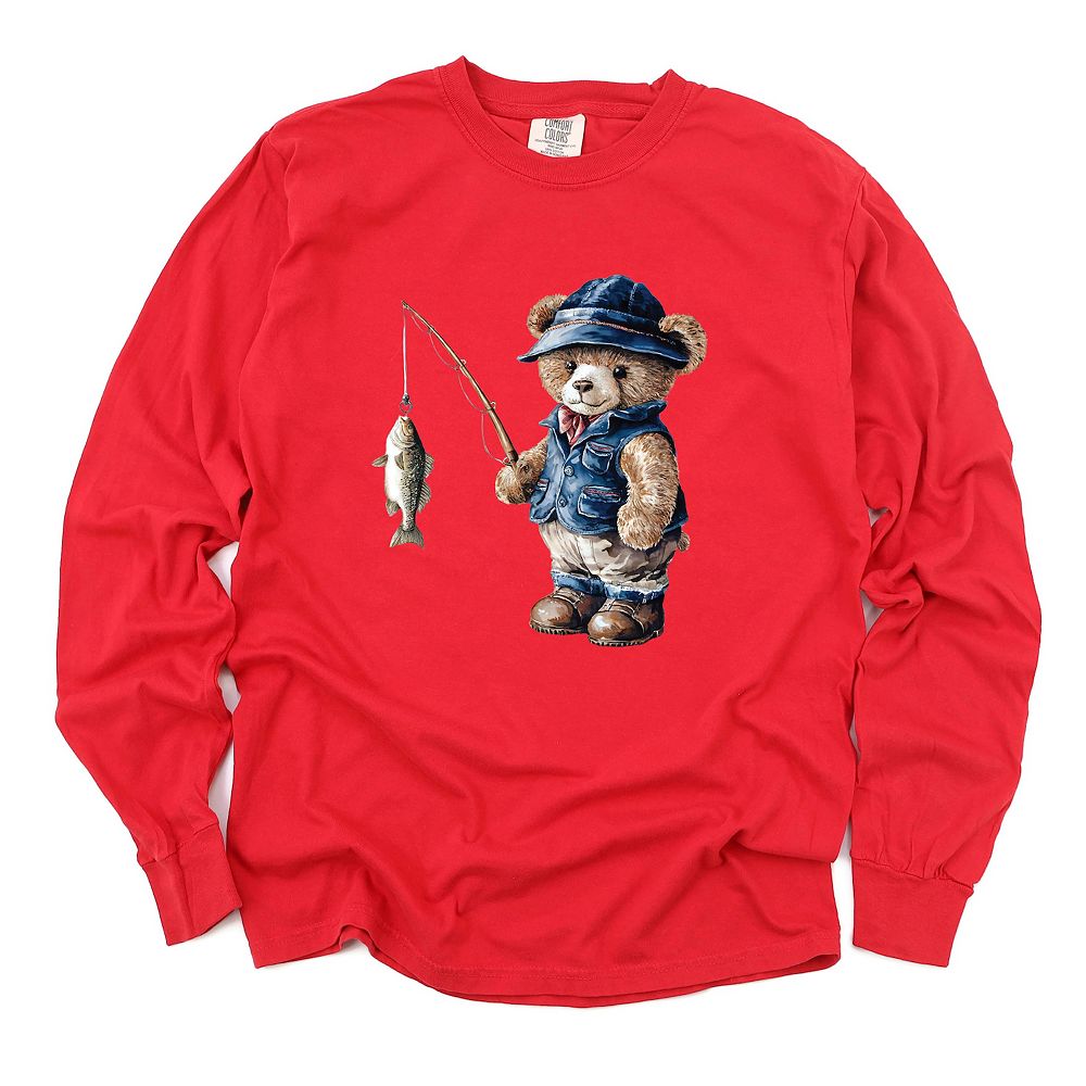 Teddy Bear Fisherman - Womens Garment Dyed Long Sleeve