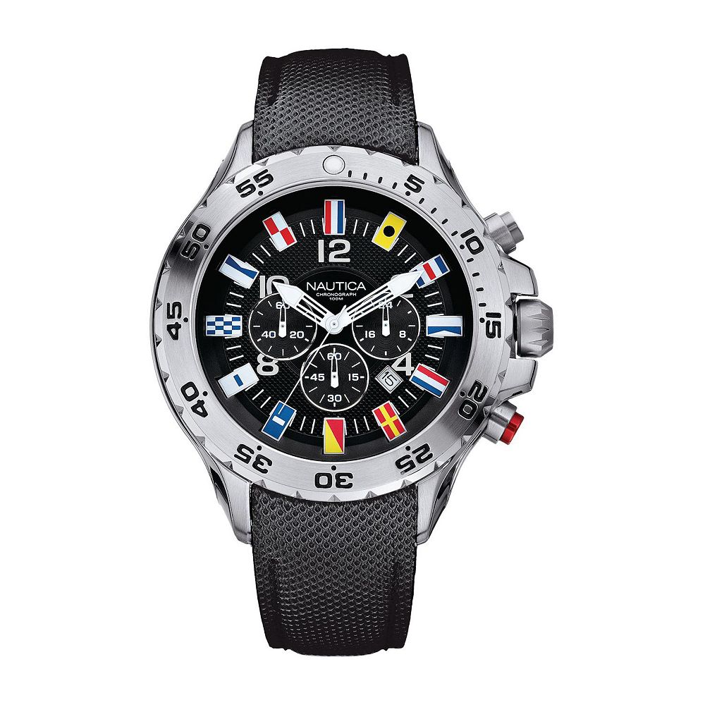 Nautica Men's Chronograph Resin-Coated Leather Strap Nautical Flag Dial ...
