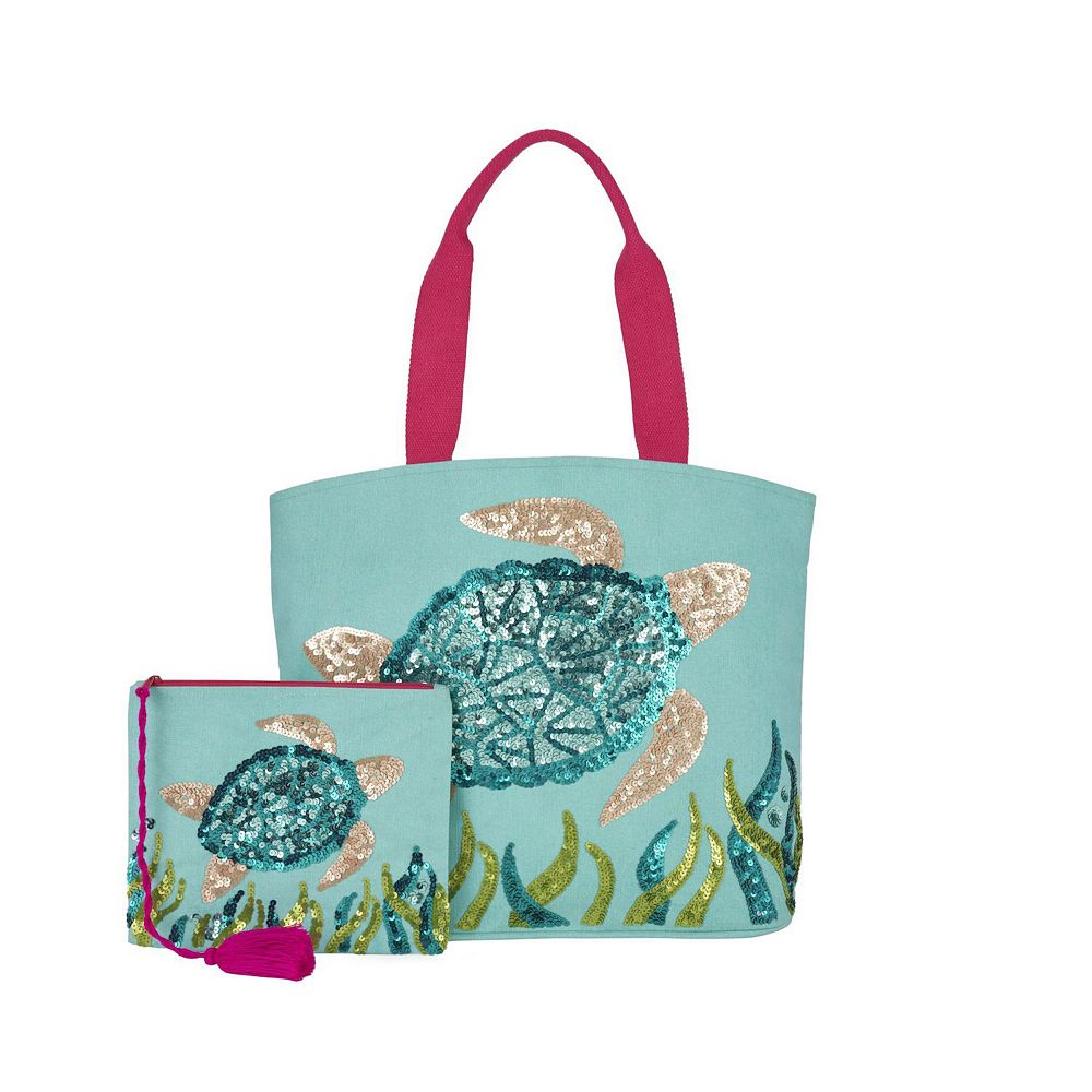 Mina Victory Beach Handbag Tote Sequin Sea Turtle 22" x 15" x 6" Turquoise with Matching Clutch