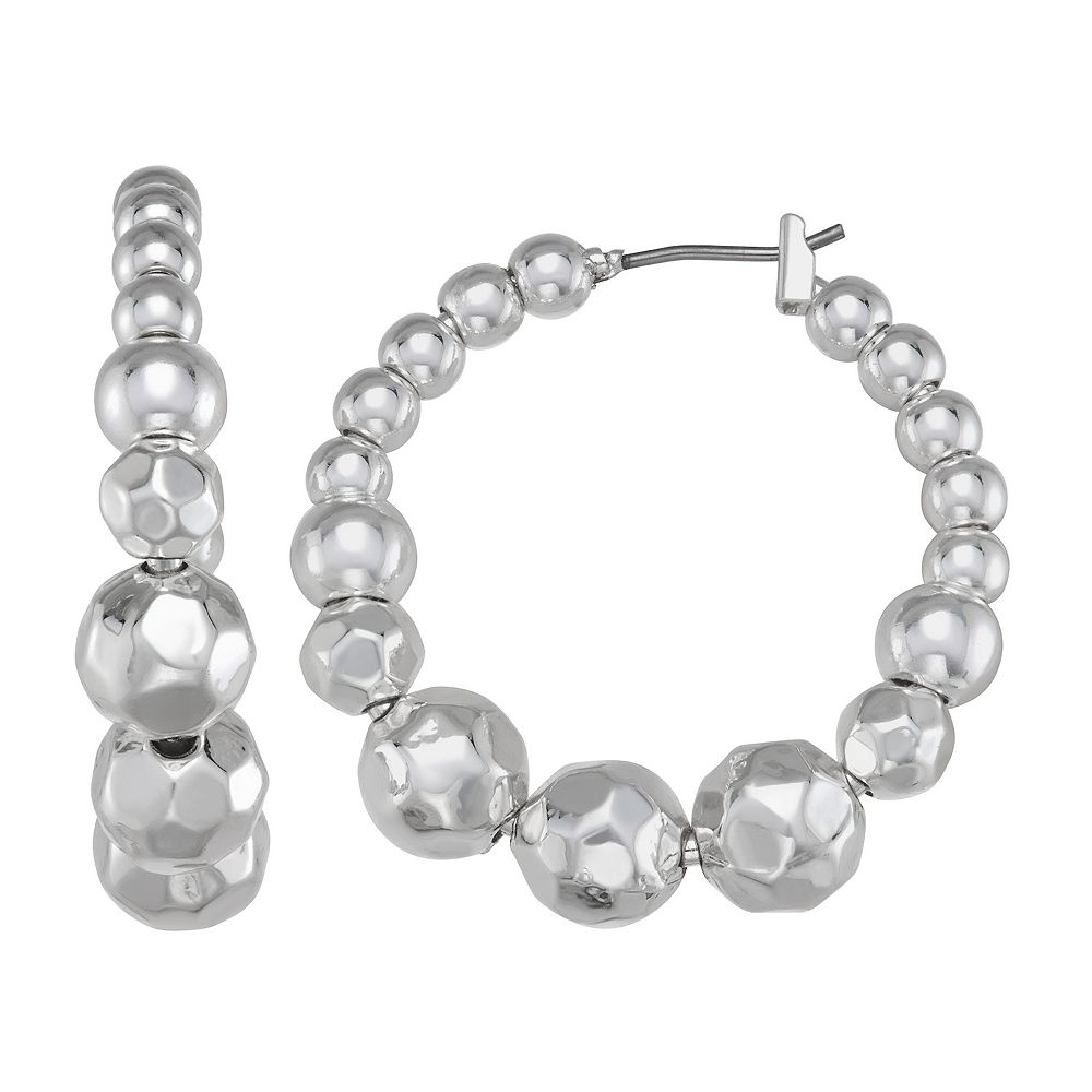 Nine West Silver Tone Sculpted Bead Hoop Earrings
