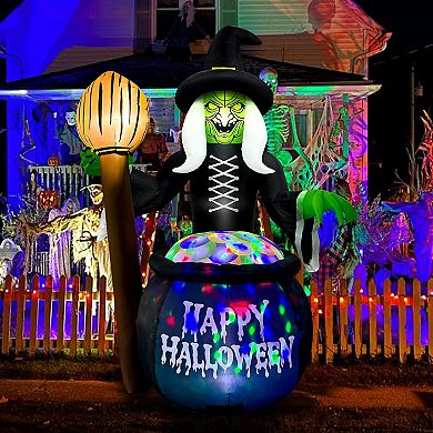 GOOSH 6.5FT Inflatable Witch with Cauldron Light-Up Happy Halloween ...