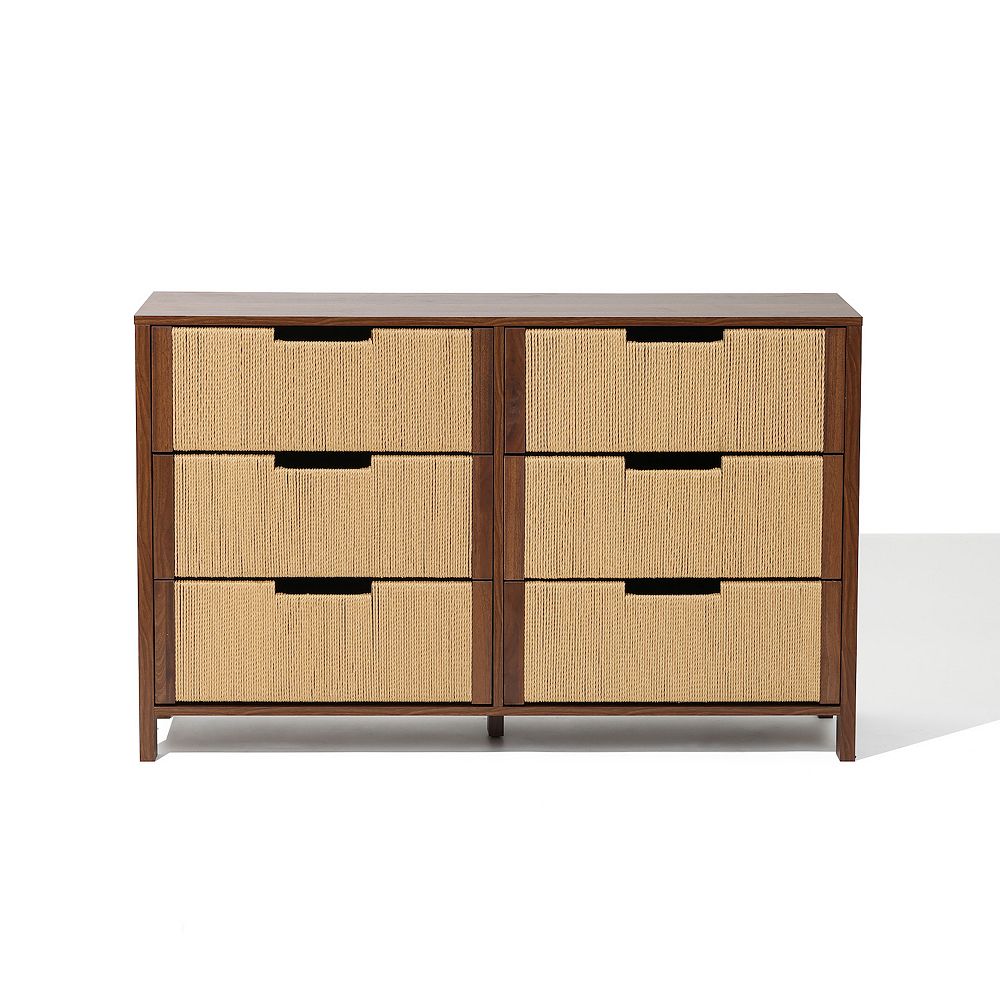 LuxenHome Walnut Finish MDF Wood with Rope Front 6-Drawer Horizontal ...