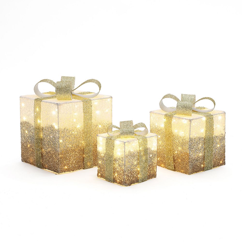 LuxenHome 3-Piece Pre-Lit White Crackle Gift Box Set with Timer