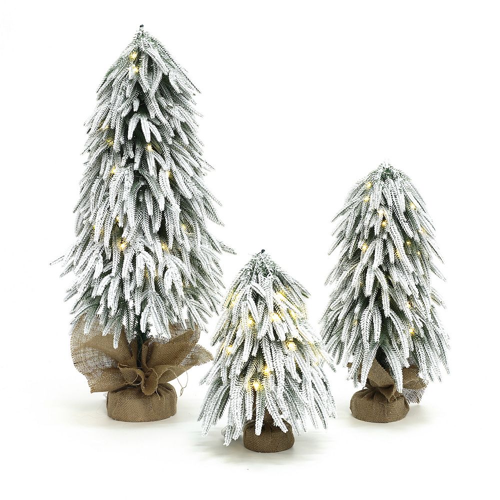 LuxenHome 3-Piece Snowy Christmas Tree Set with Battery Lights & Burlap ...