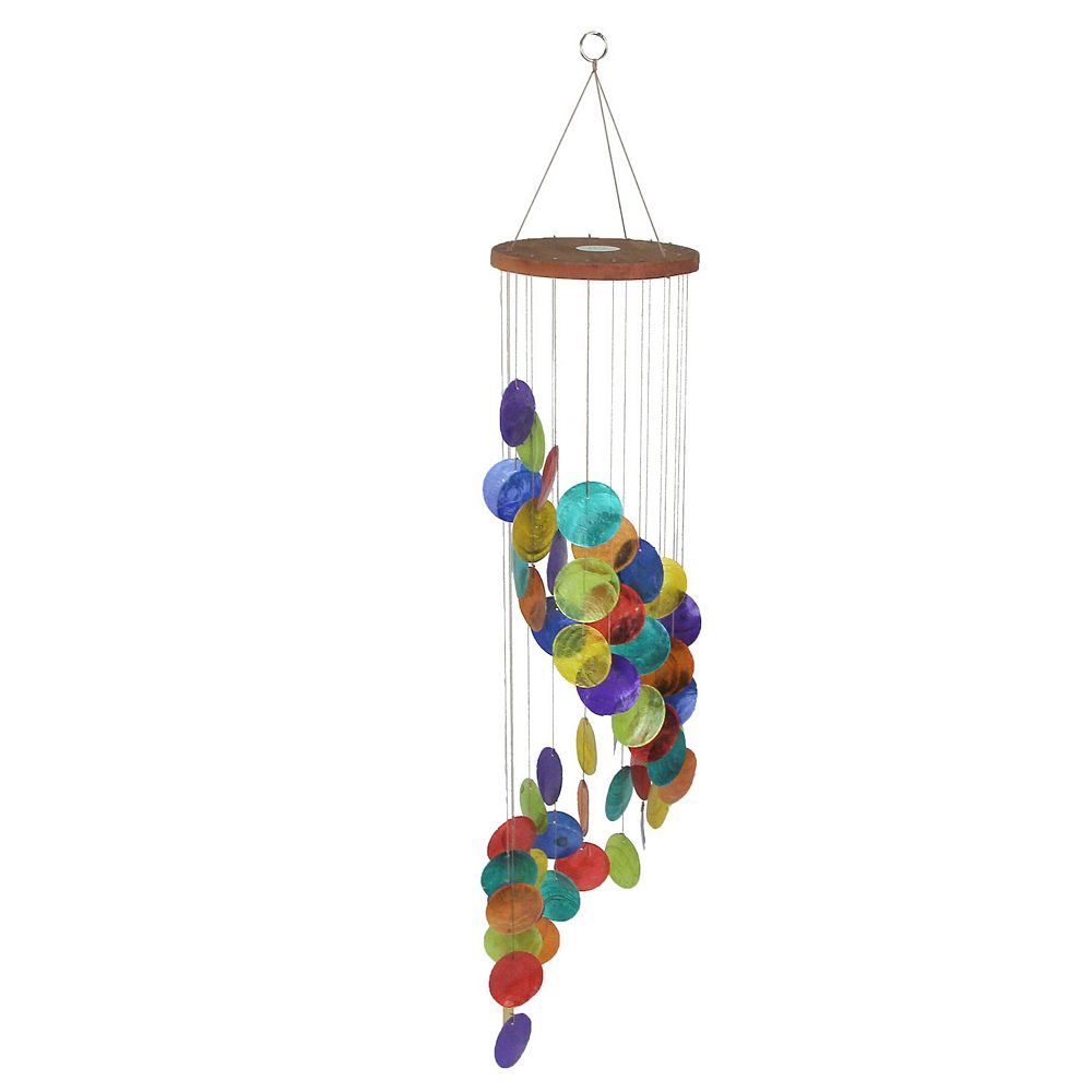 Dyed Capiz Shell 26 Inch Long Spiral Wind Chime Rainbow Colors Garden Patio