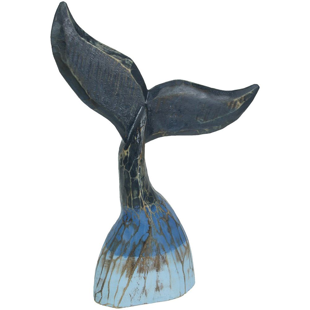 Coastal Blue Carved Wooden Whale Tail Tabletop Statue 16 Inches High