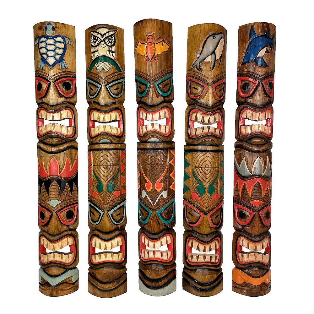 Set of 5 Double Tiki Mask Animal Totem Hand Carved Wall Decor Sculpture ...