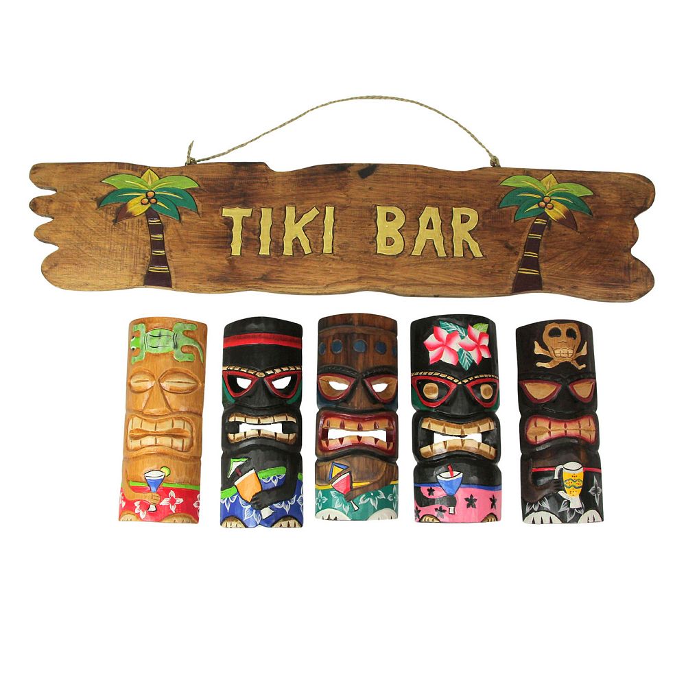 Set of 5 hand-carved Polynesian masks & tiki bar sign—vibrant tropical ...