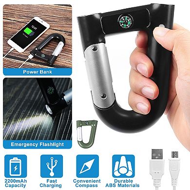 2200mAh Power Bank Carabiner-Shaped with Emergency Flashlight & Compass ...