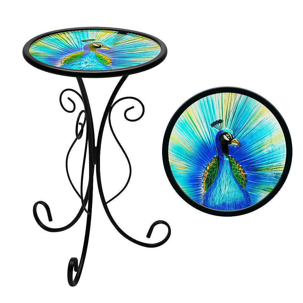 G128 12 in Round Glass Outdoor Side Table Peacock Pattern, Decorative ...