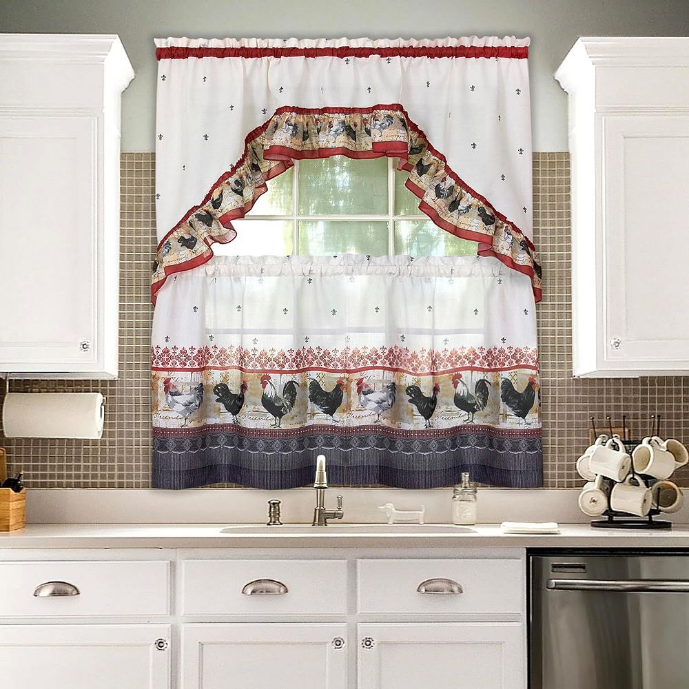 Kate Aurora Retro Rooster Complete 3 Piece Kitchen Curtain Tier And ...