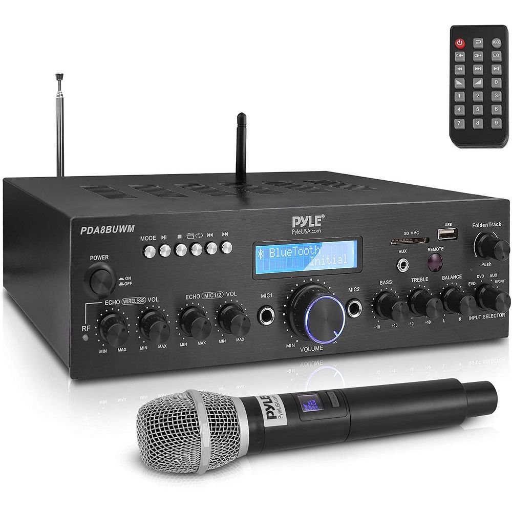Pyle 200W Compact Home Theater Amplifier with Bluetooth & UHF Wireless Microphone PDA8BUWM
