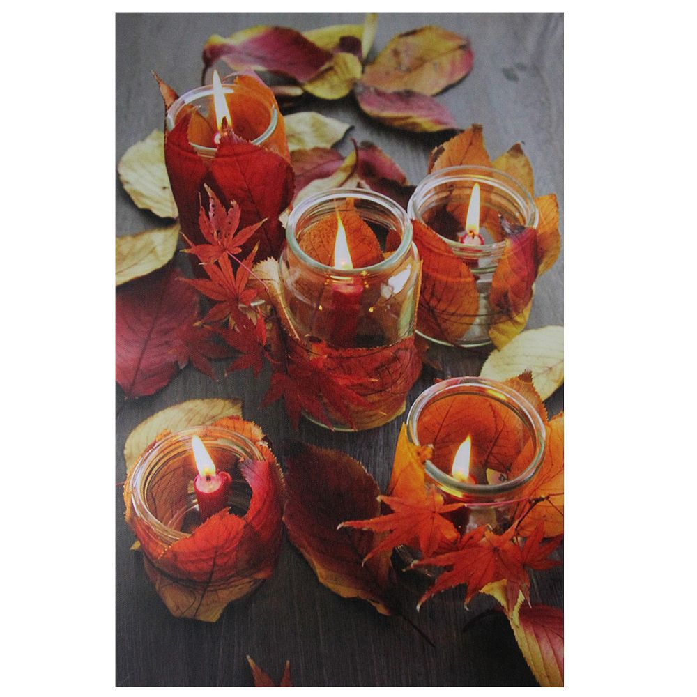 LED Lighted Autumn Leaves and Flickering Candles Canvas Wall Art 23.5 ...