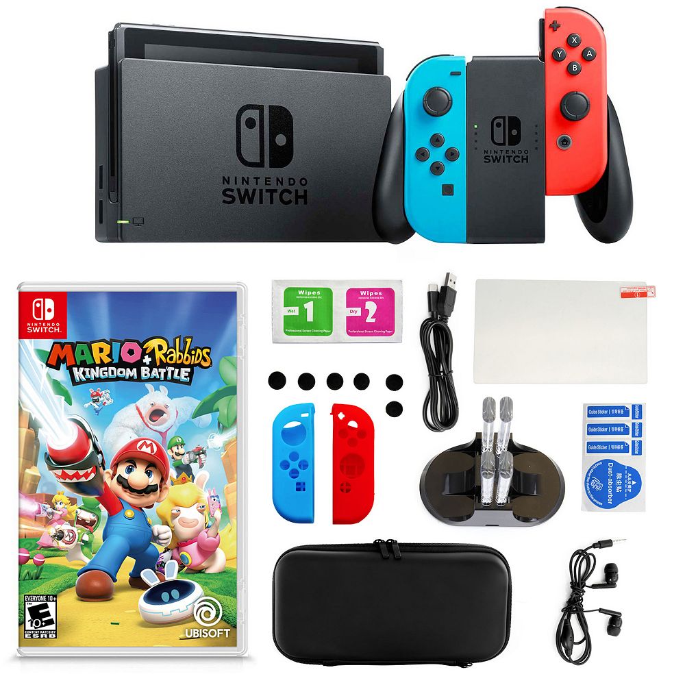 Nintendo Switch in Neon with Mario+Rabbids Kingdom Battle Game & Kit