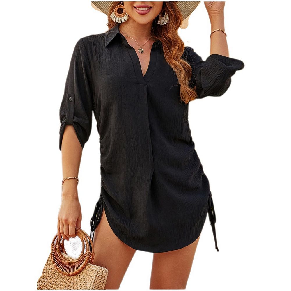 Women's Tie Side drawstring Long Sleeve V Neck Shirt Pullover