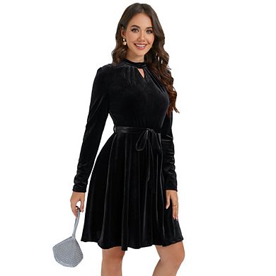 Women's Retro Velvet Cocktail Party Dress Long Sleeve dress With Belt