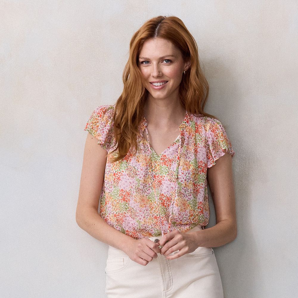 Petite LC Lauren Conrad Tie Front Ruffle V-Neck Shell Top