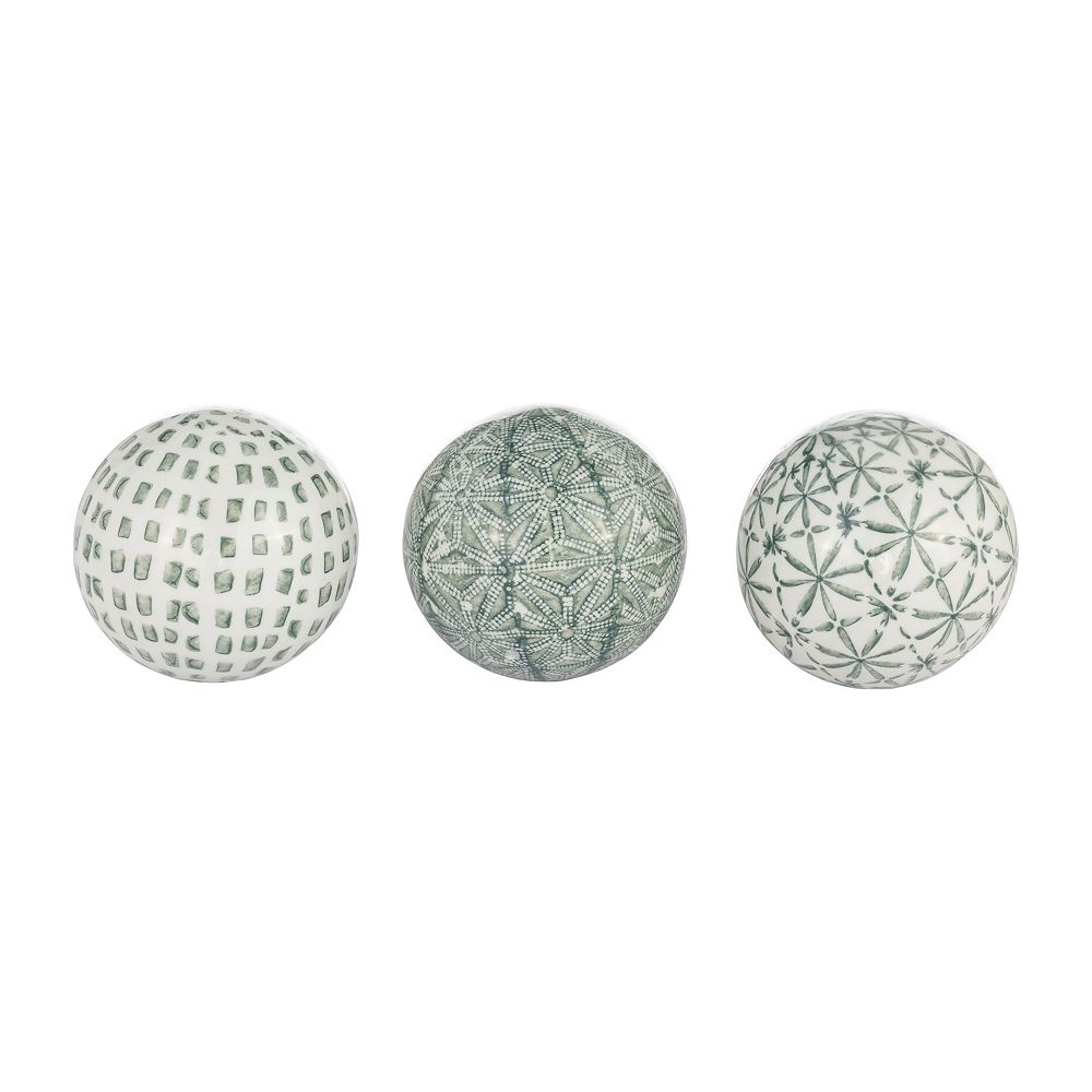 Set Of 3 Ceramic Orbs - 4" Set Of Green And White Decorative Round ...