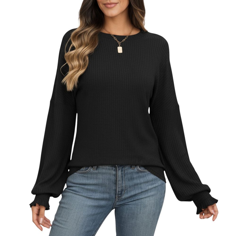 Women's Long Sleeve Ribbed Knit Top with Subtle Ruffle Cuff Detail