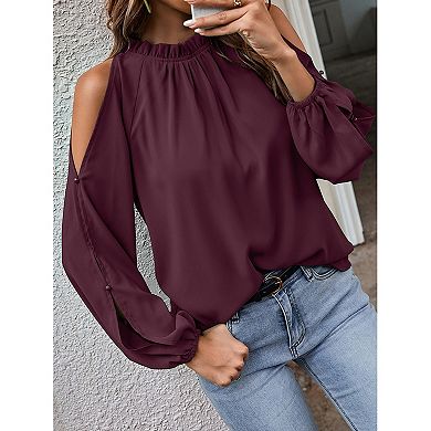 Women Long Sleeve Tops Elegant Casual Cold Shoulder Ruffle Collar ...