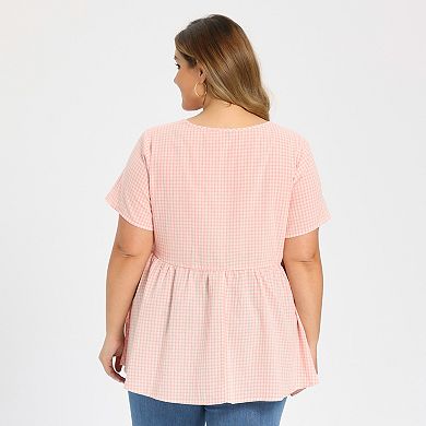 Plus Size Gingham Tops for Women Plaid Notch Neck Short Sleeve Blouse ...
