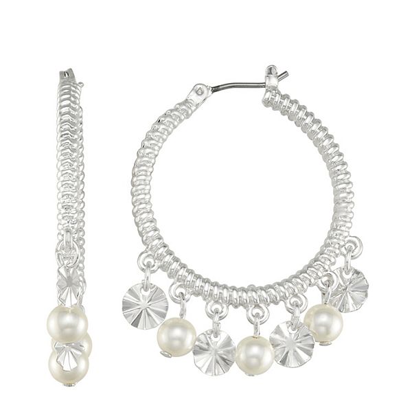 You're Invited Silver Tone Simulated Pearl Hoop Drop Earrings