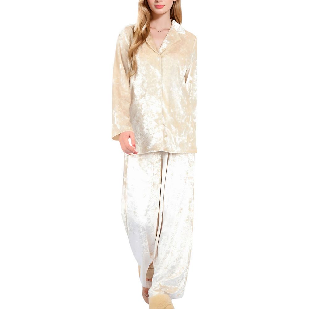 Women's Crushed Velvet Lounge Set with Button-Up Long Sleeve Top and ...