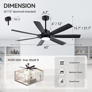 60-Inch Ceiling fan, 3-color light, 7 ABS blades, DC motor, 6-speed ...